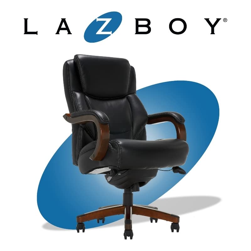 La-Z-Boy Delano Big & Tall Executive Office Chair | High Back Ergonomic Lumbar Support, Bonded Leather, Black with Mahogany Wood Finish | 45833A