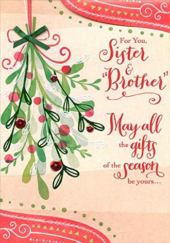 Designer Greetings Holly, Green Ribbon, Red Sequins, 3D Tip On Corners : May All The Gifts Keepsake Handcrafted Christmas Card for Sister and Brother-in-Law