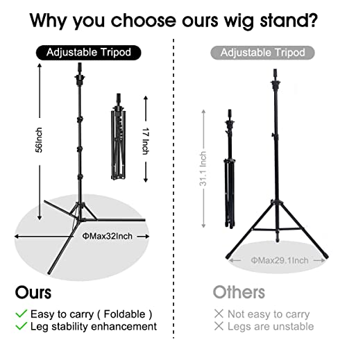 Mannequin Head Stand, Upgrade Foldable Wig Stand Tripod for Cosmetology Hairdressing Training, Metal Adjustable Wig Head Stand with Wig Caps, T-Pins, Comb, Hair Clips