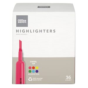 office depot® brand chisel-tip highlighter, 100% recycled plastic, assorted fluorescent colors, pack of 36