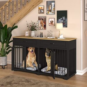 large dog crate furniture,wooden dog crate cage with room divider and 2 drawer, heavy duty dog crate kennel furniture for large and medium dog indoor, big dog crate with 2 doors, black