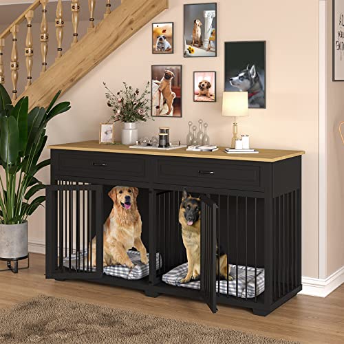 Large Dog Crate Furniture,Wooden Dog Crate Cage with Room Divider and 2 Drawer, Heavy Duty Dog Crate Kennel Furniture for Large and Medium Dog Indoor, Big Dog Crate with 2 Doors, Black