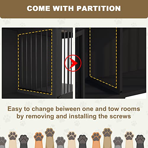 Large Dog Crate Furniture,Wooden Dog Crate Cage with Room Divider and 2 Drawer, Heavy Duty Dog Crate Kennel Furniture for Large and Medium Dog Indoor, Big Dog Crate with 2 Doors, Black