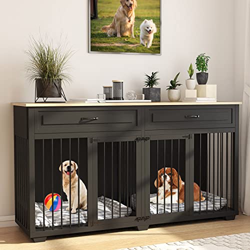 Large Dog Crate Furniture,Wooden Dog Crate Cage with Room Divider and 2 Drawer, Heavy Duty Dog Crate Kennel Furniture for Large and Medium Dog Indoor, Big Dog Crate with 2 Doors, Black