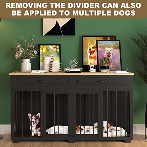 Large Dog Crate Furniture,Wooden Dog Crate Cage with Room Divider and 2 Drawer, Heavy Duty Dog Crate Kennel Furniture for Large and Medium Dog Indoor, Big Dog Crate with 2 Doors, Black