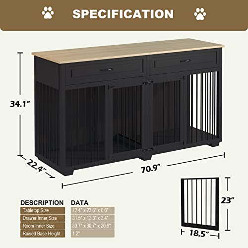 Large Dog Crate Furniture,Wooden Dog Crate Cage with Room Divider and 2 Drawer, Heavy Duty Dog Crate Kennel Furniture for Large and Medium Dog Indoor, Big Dog Crate with 2 Doors, Black