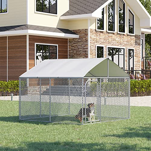 PawHut Dog Kennel Outdoor with Water-Resistant Cover, Steel Exercise Pen with Galvanized Chain Link, Outside Pet Playpen with Secure Lock, 9.8' x 9.8' x 7.7'