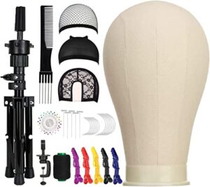 szcy llc 23 inch canvas block wig head, wig stand tripod with head, mannequin head for wigs, manikin canvas head block set for wigs making display with wig caps, t pins c pins set bristle brush