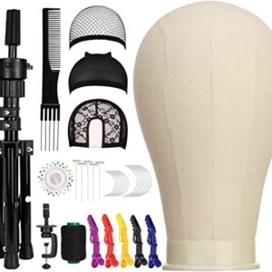 SZCY LLC 23 Inch Canvas Block Wig Head, Wig Stand Tripod with Head, Mannequin Head for Wigs, Manikin Canvas Head Block Set for Wigs Making Display with Wig Caps, T Pins C Pins Set Bristle Brush