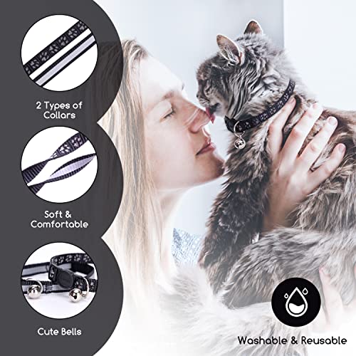 Nobleza Kitten Collar with Bell, 2 Pack Breakaway Cat Collars with Safe Quick Release Buckle, Paw Print & Strip Reflective Adjustable Soft Pet Collar for Small Medium Kitty Cats