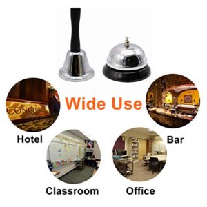 Pack of 2, Stainless Steel Hand Bell and Call Bell, Futu 3 Inch Hand Bell and 3.3 Inch Diameter Desk Bell Service Bell for Hotels, Schools, Restaurants, Reception Areas, Hospitals, Warehouses