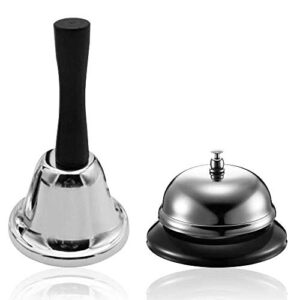 pack of 2, stainless steel hand bell and call bell, futu 3 inch hand bell and 3.3 inch diameter desk bell service bell for hotels, schools, restaurants, reception areas, hospitals, warehouses