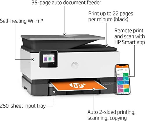 HP OfficeJet Pro 9018e All-in-One Wireless Color Inkjet Printer - Print Scan Copy Fax - 22 ppm, 4800 x 1200 dpi, 512MB Memory, 35-Sheet ADF, Auto 2-Sided Printing, Ethernet (Renewed)