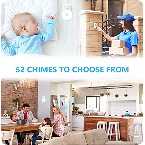 SECRUI Wireless Doorbell, Mini Door Bell with 58 Chimes 5 Volume Levels, 1 Waterproof Button 2 Plug in Receiver, White Doorbell with Led Blue light for Home/Classroom/Office