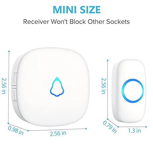 SECRUI Wireless Doorbell, Mini Door Bell with 58 Chimes 5 Volume Levels, 1 Waterproof Button 2 Plug in Receiver, White Doorbell with Led Blue light for Home/Classroom/Office