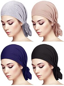 4 pieces slip-on pre-tied head scarves women headwear turban beanie caps head wrap headscarf for women girls (grey, camel, navy blue, black)