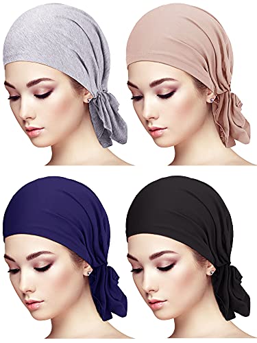 4 Pieces Slip-On Pre-Tied Head Scarves Women Headwear Turban Beanie Caps Head Wrap Headscarf for Women Girls (Grey, Camel, Navy Blue, Black)