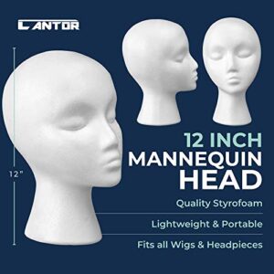 Cantor 12" Styrofoam Wig Head - Tall Female Foam Mannequin Wig Stand and Holder - Style, Model And Display Hair, Hats and Hairpieces - For Home, Salon and Travel