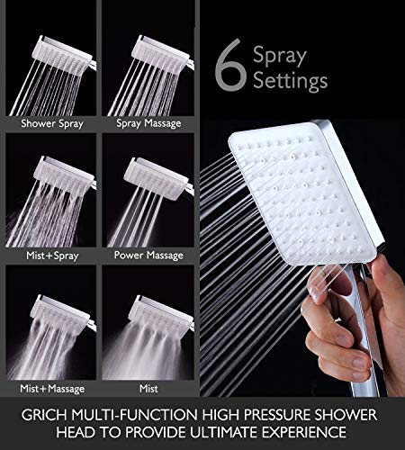 GRICH High Pressure Shower Head with Handheld, 6 Spray Modes/Settings Detachable Shower Head with Stretchable 59" 304 Stainless Steel Hose and Multi Angle Adjustable Shower Bracket