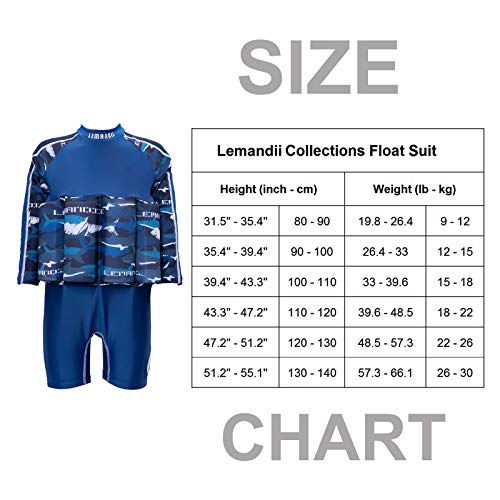 Lemandii UPF 50+ Sun Protection Long Sleeve Float Swim Suit for Kids Boys One-Piece with Adjustable Buoyancy Back Zippers for 1-10 Years Babies (Blue, Height:35.4''-39.4''/Weight:26.4lb-33lb)