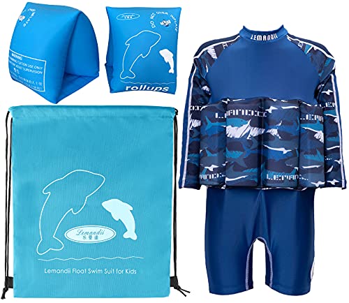 Lemandii UPF 50+ Sun Protection Long Sleeve Float Swim Suit for Kids Boys One-Piece with Adjustable Buoyancy Back Zippers for 1-10 Years Babies (Blue, Height:35.4''-39.4''/Weight:26.4lb-33lb)