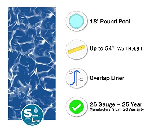 Smartline Sunlight 18-Foot Round Liner | Overlap Style | Up to 54-Inch Wall Height | 25 Gauge Virgin Vinyl | Designed for Steel Sided Above-Ground Swimming Pools | Universal Gasket Kit Included