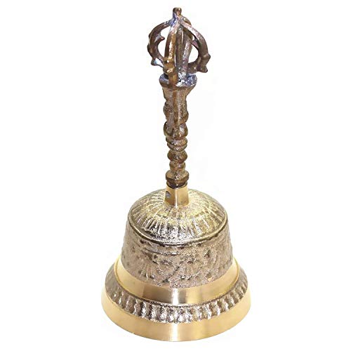 LONG TAO Hand Bell 6.8 Inch High Brass Antique Handbell for School Reception Dinner Shop Hotel Service Meditation Prayer Pet Feeding and Home Decoration