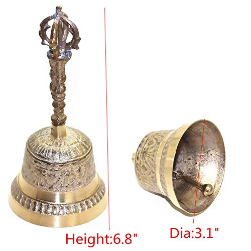 LONG TAO Hand Bell 6.8 Inch High Brass Antique Handbell for School Reception Dinner Shop Hotel Service Meditation Prayer Pet Feeding and Home Decoration