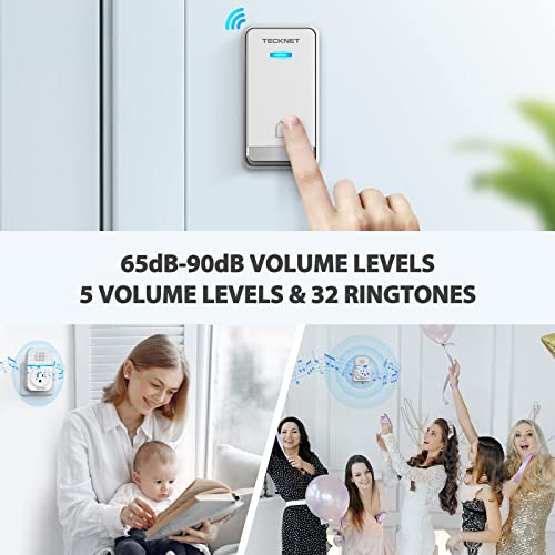 TECKNET Self-Powered Wireless Doorbells for Home, 1300ft No Battery Need Waterproof Door Bell Push Button Chime Kit, Cordless Plug in Classroom Doorbell with 32 Chimes/LED Light/5-Level Volume