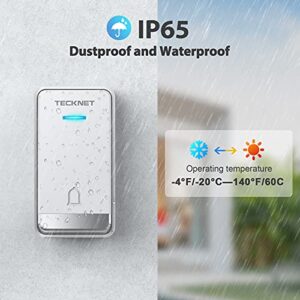 TECKNET Self-Powered Wireless Doorbells for Home, 1300ft No Battery Need Waterproof Door Bell Push Button Chime Kit, Cordless Plug in Classroom Doorbell with 32 Chimes/LED Light/5-Level Volume