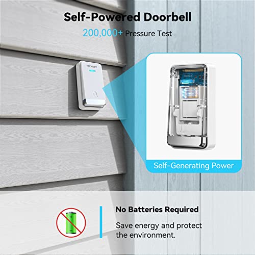 TECKNET Self-Powered Wireless Doorbells for Home, 1300ft No Battery Need Waterproof Door Bell Push Button Chime Kit, Cordless Plug in Classroom Doorbell with 32 Chimes/LED Light/5-Level Volume