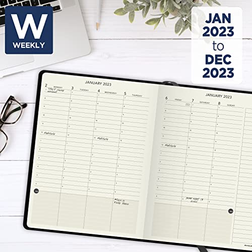 AT-A-GLANCE 2023 Weekly & Monthly Planner, Plan. Write. Remember, Hourly Appointment Book, 7-1/2" x 10", Large, Pocket, Bungee Closure, Black (70695005)