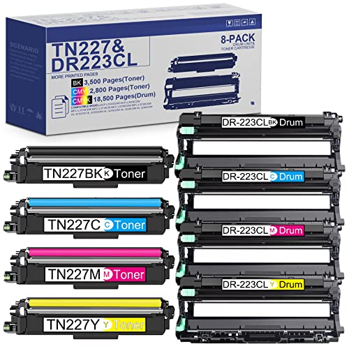 (with Chip) GULOYA TN227 Toner Cartridge Set with Drum Unit Set DR223CL Replacement for Brother TN227 DR223CL Compatible with MFC-L3750CDW HL-3210CW DCP-L3510CDW Printer(4Toner+4Drum,8-Pack)