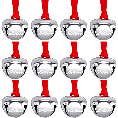 1.5 Inch Believe Bell Ornament Christmas Sleigh Bell with Red Ribbon Metal Christmas Bell Ornament for Christmas Tree Holiday Decoration (Silver, 12 Pieces)