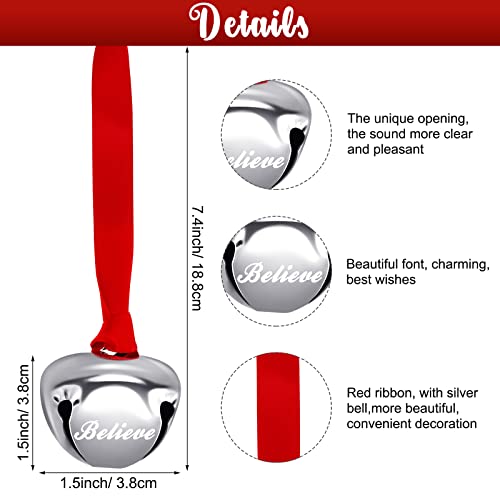 1.5 Inch Believe Bell Ornament Christmas Sleigh Bell with Red Ribbon Metal Christmas Bell Ornament for Christmas Tree Holiday Decoration (Silver, 12 Pieces)