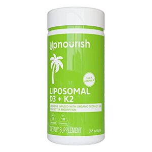 upnourish liposomal vitamin d3 k2 mk7 365 softgels – vit d3 5000 iu + k2 100 mcg with organic coconut oil – k2 d3 vitamin supplement – vitamin d and k supplement – non gmo gluten free