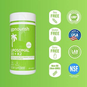 UpNourish Liposomal Vitamin D3 K2 MK7 365 Softgels - VIT D3 5000 IU + K2 100 mcg with Organic Coconut Oil - K2 D3 Vitamin Supplement - Vitamin D and K Supplement - Non GMO Gluten Free