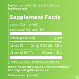 UpNourish Liposomal Vitamin D3 K2 MK7 365 Softgels - VIT D3 5000 IU + K2 100 mcg with Organic Coconut Oil - K2 D3 Vitamin Supplement - Vitamin D and K Supplement - Non GMO Gluten Free