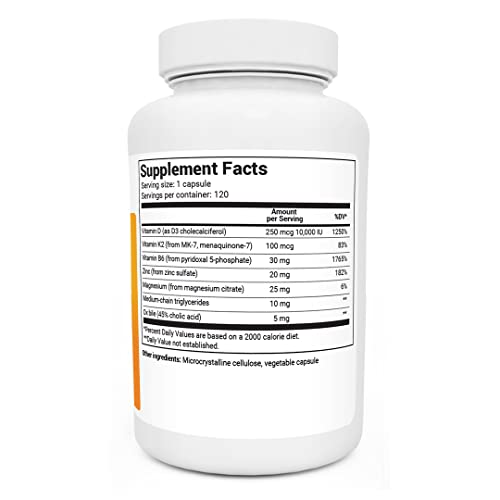 Dr. Berg's Vitamin D3 K2 w/ MCT Oil - Includes 10,000 IU of Vitamin D3, 100 mcg MK7 Vitamin K2, Purified Bile Salts, Zinc & Magnesium for Ultimate Absorption - K2 D3 Vitamin Supplement - 120 Capsule