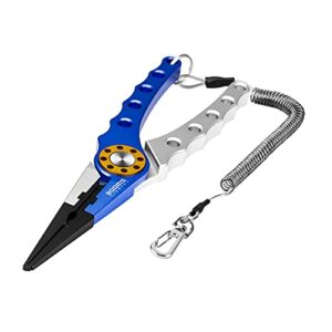 booms fishing x1 aluminum fishing pliers hook remover braid line cutting and split ring with coiled lanyard and sheath