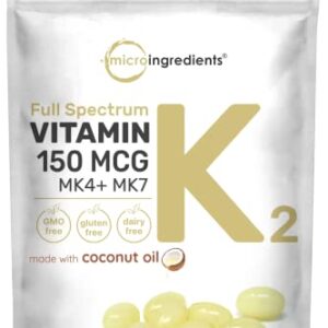 Micro Ingredients Full Spectrum Vitamin K2 MK-4 + MK-7 Supplement, 150 mcg, 300 Coconut Oil Softgles | Easily Absorbed, Active Menaquinone Complex | Immune, Joint, & Heart Support | Non-GMO