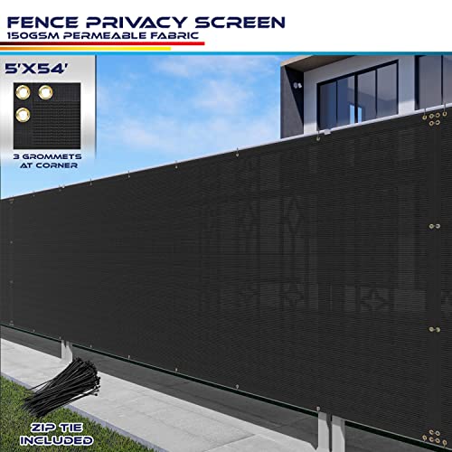 Windscreen4less Heavy Duty Fence Privacy Screen Black 5' x 54' with Reinforced Bindings and Brass Grommets Garden Windscreen Mesh Net for Outdoor Yard-Cable Zip Ties Included