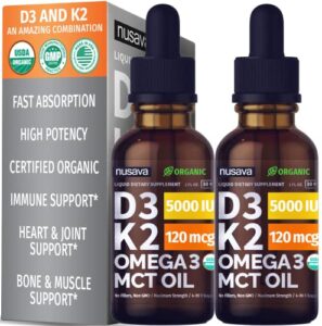 (2 pack) organic vitamin d3 k2 drops w mct oil omega 3, 5000 iu, maximum strength vitamin d liquid 5000 iu, no fillers, non-gmo liquid d3 for faster absorption & immune support, unflavored, 2 fl oz