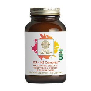 pure synergy d3 + k2 complex | 60 capsules | d3 + k2 vitamins made with organic ingredients | non-gmo | vegan | made with organic vegetables and fruits