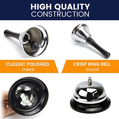 [4 Pack] Call Bell with Handle and Counter Bell - Silver Desk Bells, Stainless Steel Hand Bell, Loud Ring for Elderly, Doorbell, Hotel Reception, Restaurant, Kitchen, Store, School, Teacher