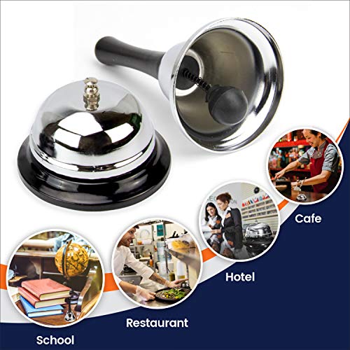 [4 Pack] Call Bell with Handle and Counter Bell - Silver Desk Bells, Stainless Steel Hand Bell, Loud Ring for Elderly, Doorbell, Hotel Reception, Restaurant, Kitchen, Store, School, Teacher