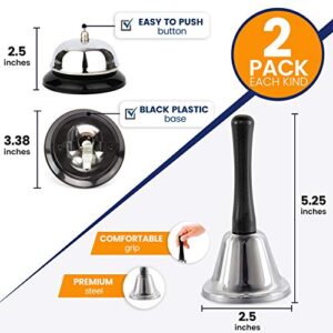 [4 Pack] Call Bell with Handle and Counter Bell - Silver Desk Bells, Stainless Steel Hand Bell, Loud Ring for Elderly, Doorbell, Hotel Reception, Restaurant, Kitchen, Store, School, Teacher