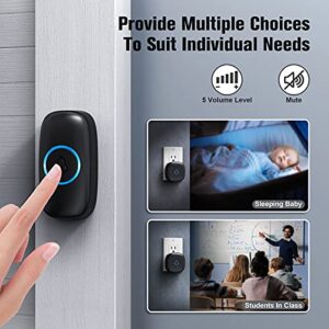 SECRUI Wireless Doorbell with 2 Receivers, Waterproof Mini Doorbell 1,000ft Range 110dB Mute Mode 58 Door Chimes & Colorful LED Flashing - Black