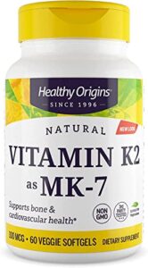 healthy origins vitamin k2 100 mcg (mk-7, non-gmo, gluten free, cardiovascaular support, bone support), 60 veggie gels