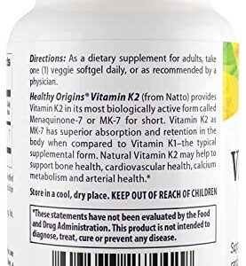 Healthy Origins Vitamin K2 100 mcg (MK-7, Non-GMO, Gluten Free, Cardiovascaular Support, Bone Support), 60 Veggie Gels